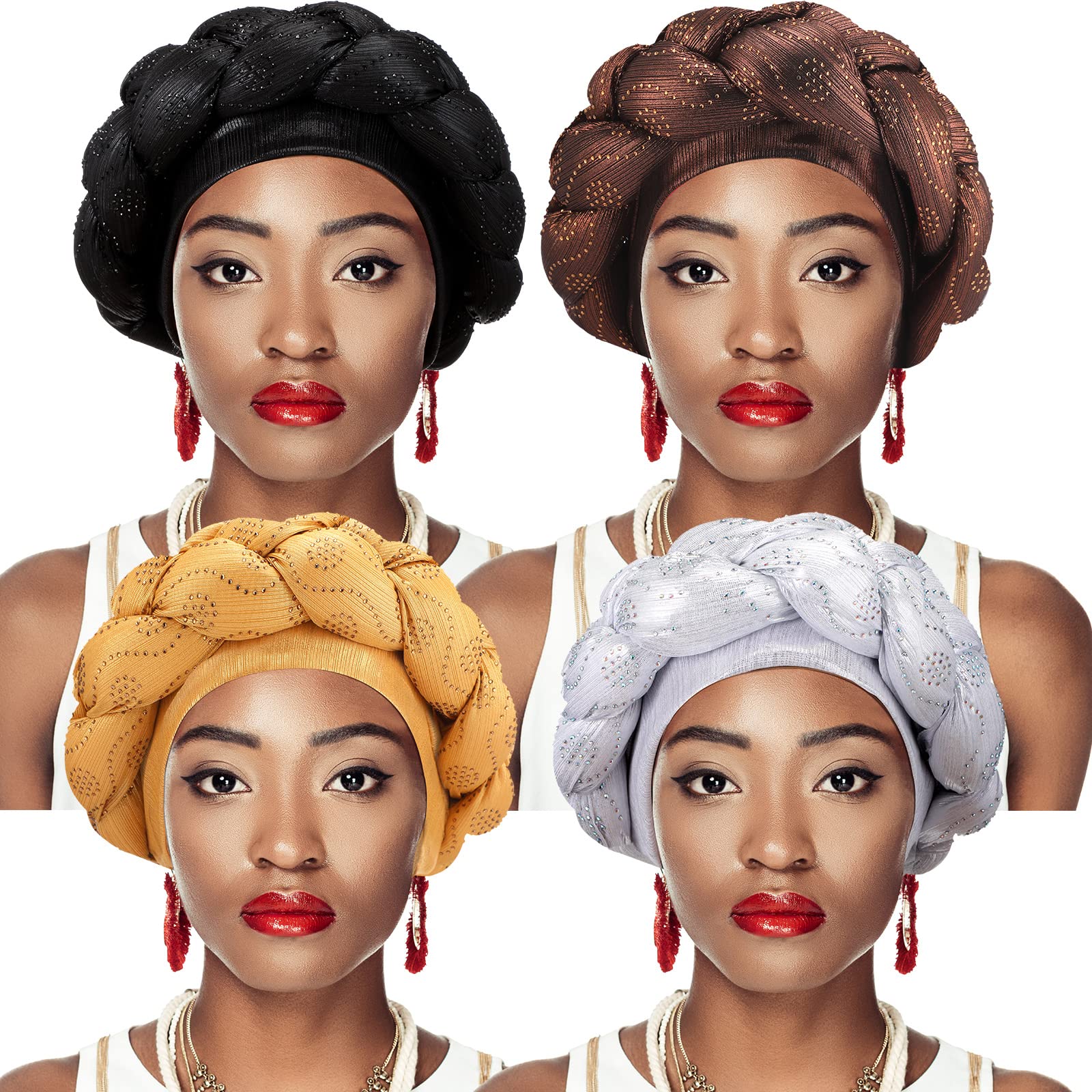 4 Pcs African Turban Head Wrap for Women and Girls Braid Crystals Head ...