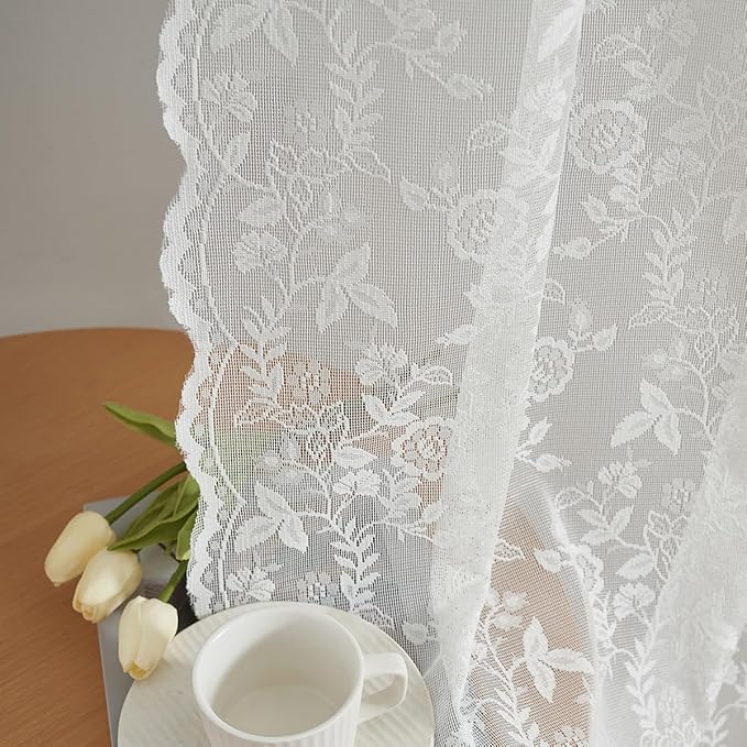 Amazon.com: FINECITY Ivory Lace Curtains 45 Inch Length, Vintage Sheer ...