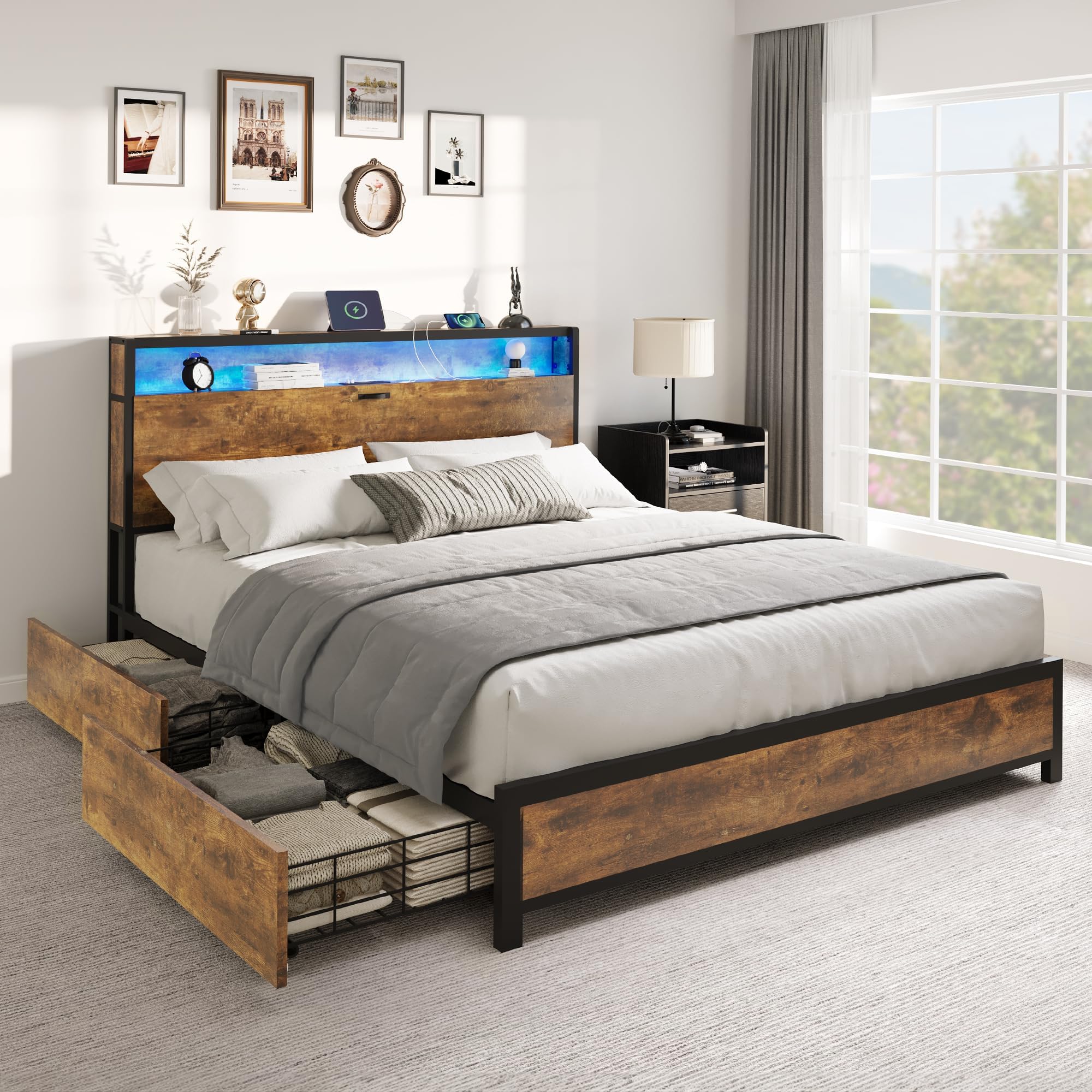 Amazon.com: FairOnly Queen Size Bed Frame with 4 Storage Drawers and ...