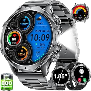 Smartwatch Herren,1.85'' HD Großes Display/800 mAh Akku/LED Taschenlampe Sportuhr Herren mit ...