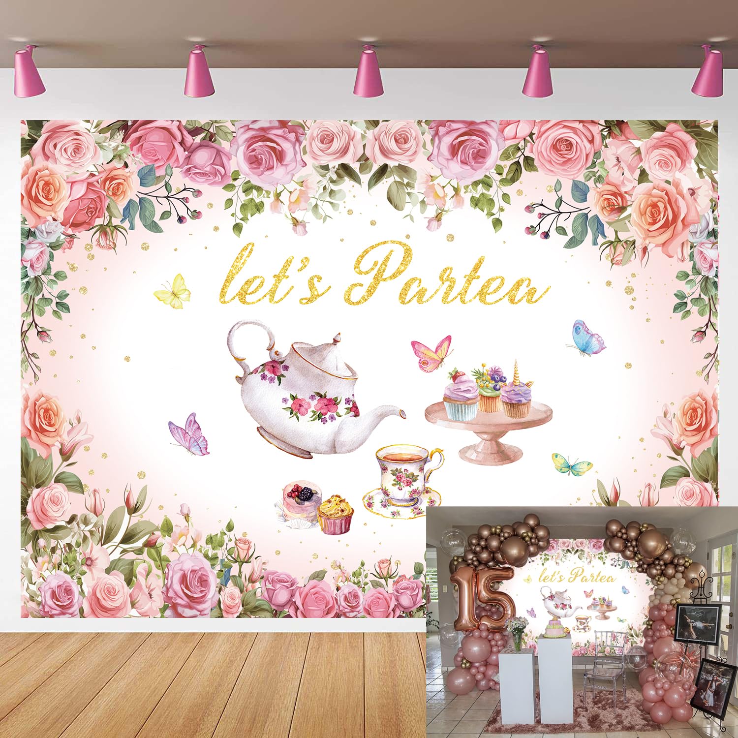 Amazon.com : Tea Party Backdrop Banner Pink Floral Butterfly Let's ...
