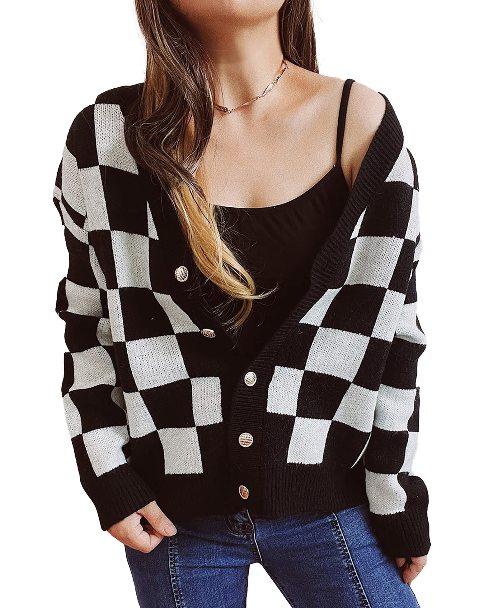 CORIRESHA Women's Casual Checkered Cardigan V-Neck Long Sleeve Button ...