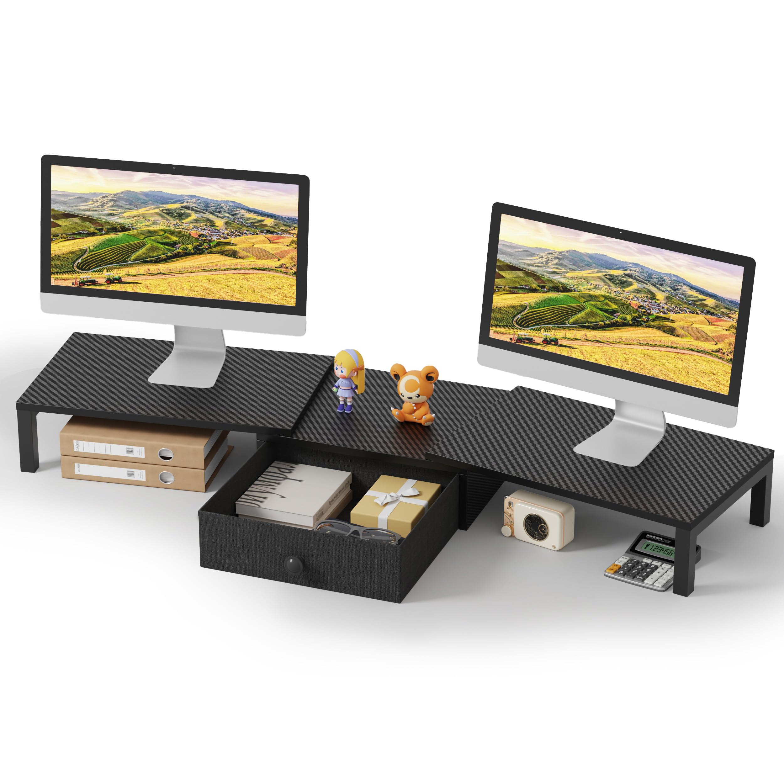 TREETALK Dual Monitor Stand with Fabric Drawer, Adjustable Monitor ...