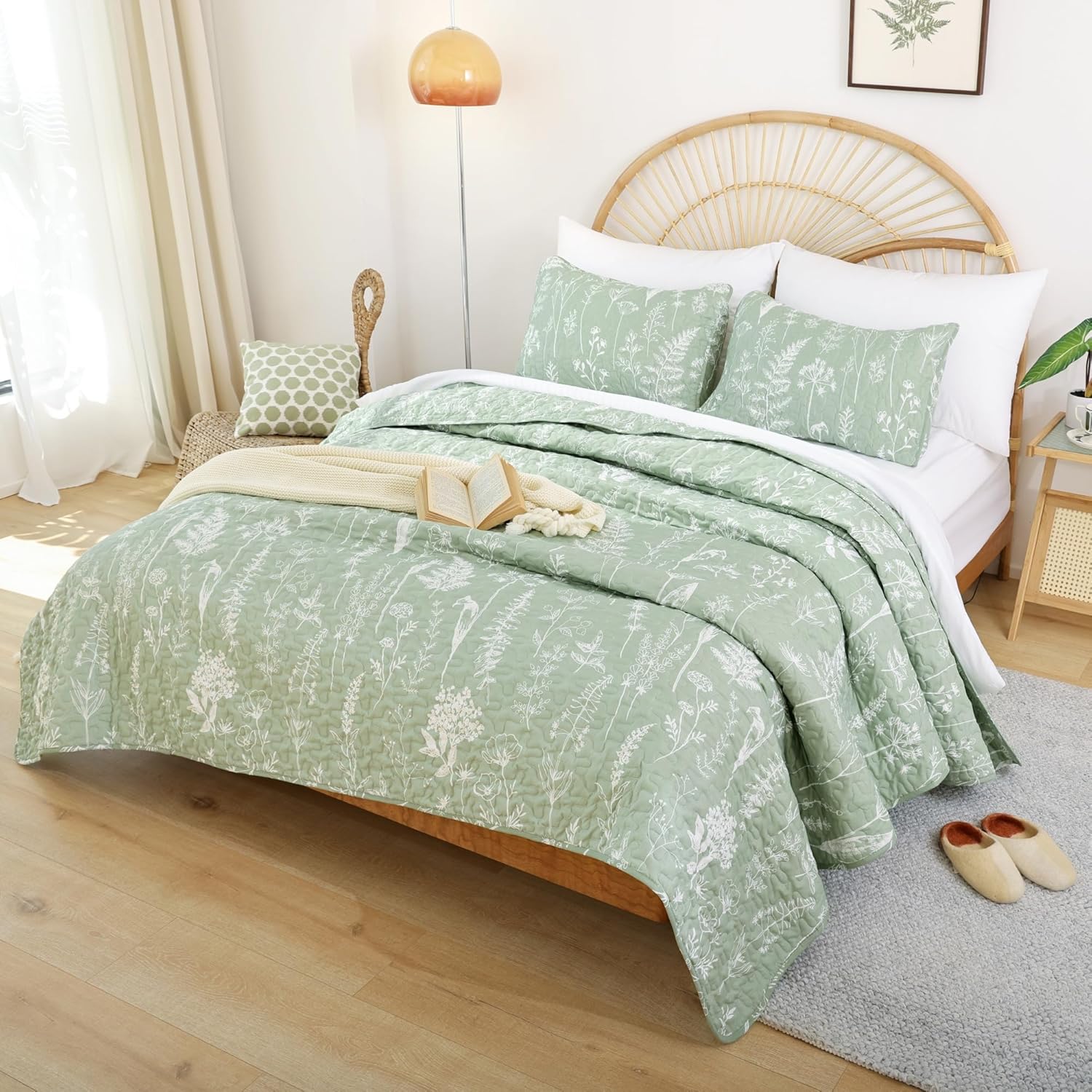Amazon.com: JANZAA Quilt King Size Sage Green Quilt Bed Spread Boho ...