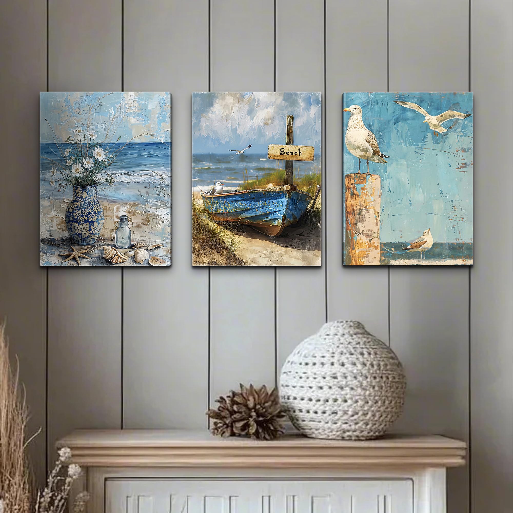 Nautical Wall Art 3-Piece Wooden Seagull Wall Art - Coastal Beach Theme ...