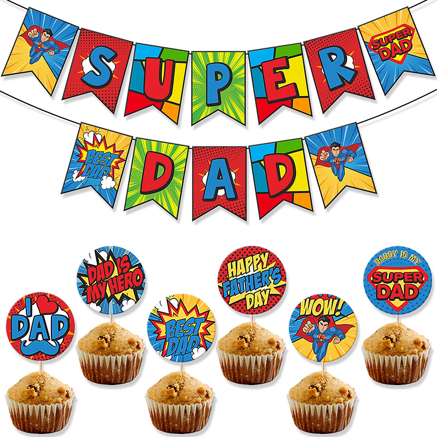 Happy Father's Day Party Decorations, Super Dad Banner and Cupcake ...