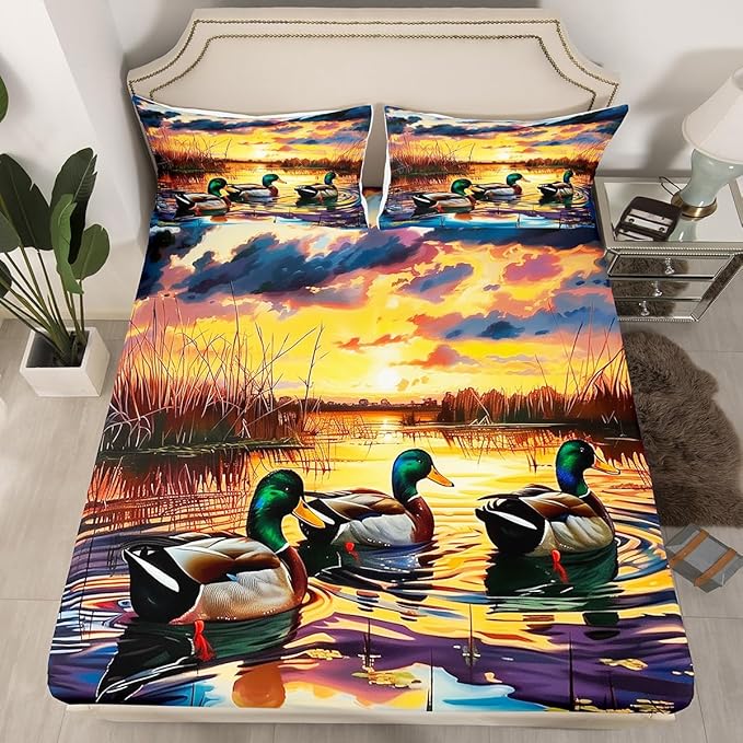 Amazon.com: Wild Duck Bedding Set Twin Size,Sunset Lake View Fitted ...