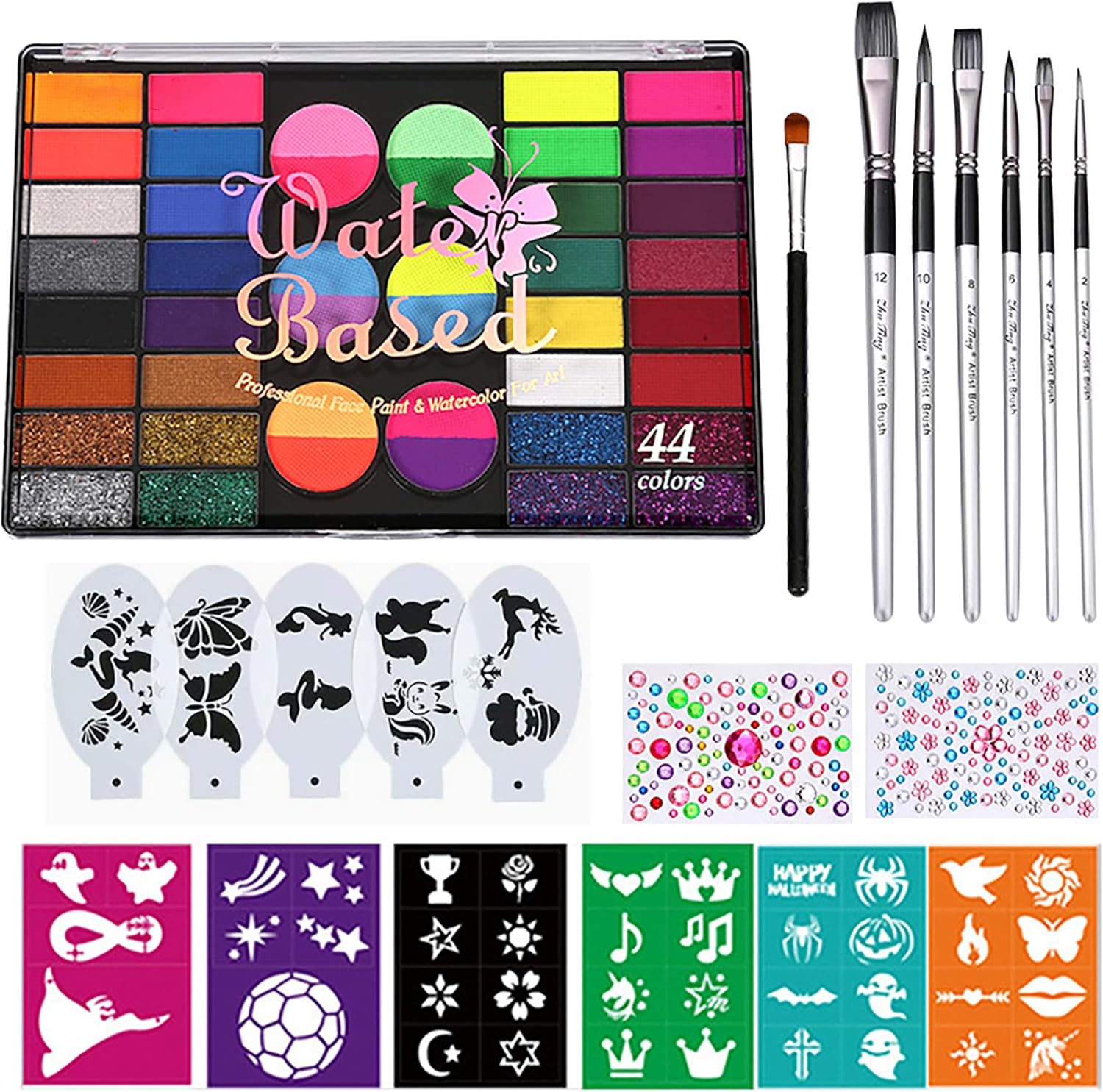 44 Color Face Paint Kit - Non-Toxic Water Based Palette with Stencils ...