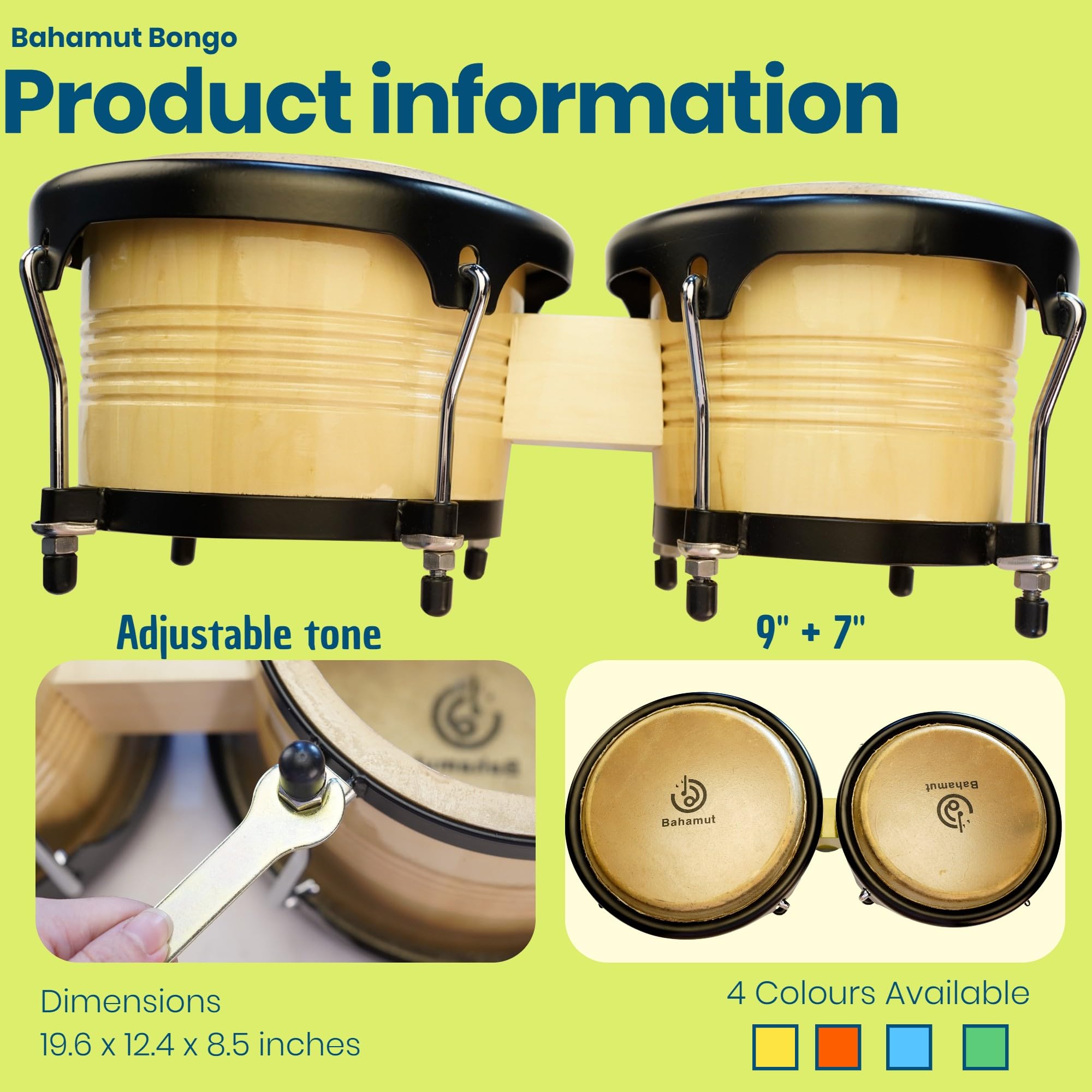 Snapklik.com : BAHAMUT Bongo Drum Set, 7"+9" Wooden Bongos Gift For ...