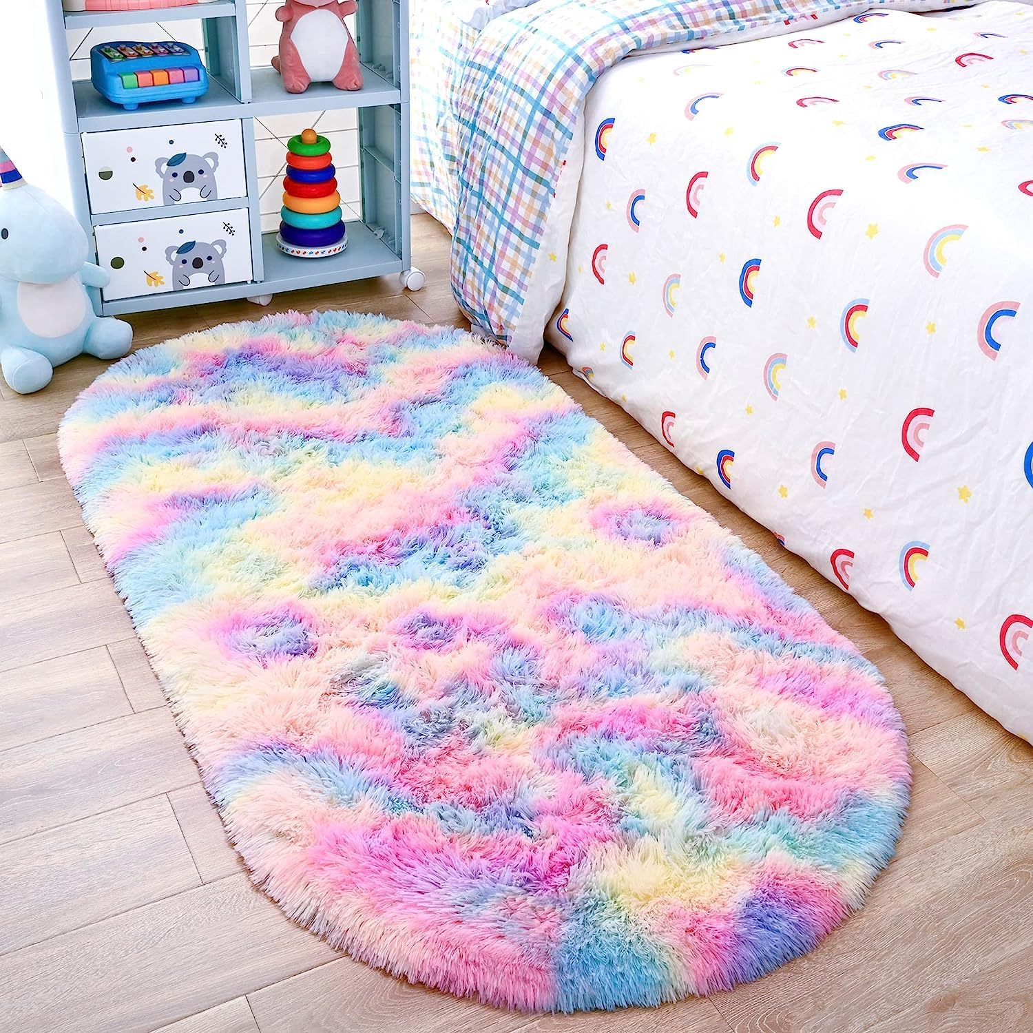Amazon.com: Noahas Fluffy Rainbow Rugs for Bedroom Girls,2'X5' Oval ...