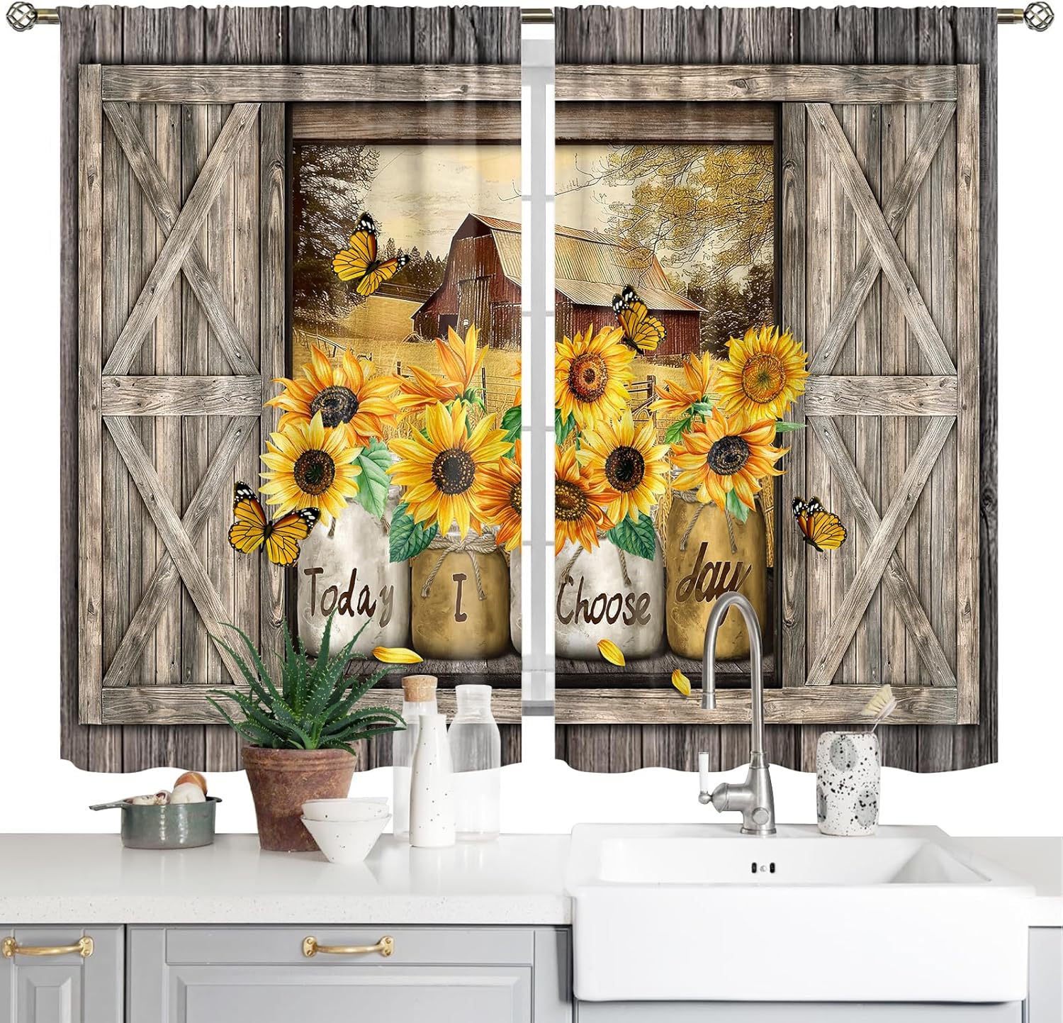 Amazon.com: Farmhouse Vintage Country Sunflower Kitchen Curtains 2 ...