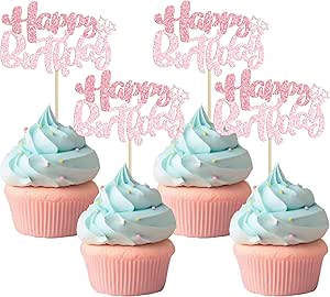 Amazon.com: Ephlyn 24Pcs Pink Light Pink Happy Birthday Cupcake Toppers ...
