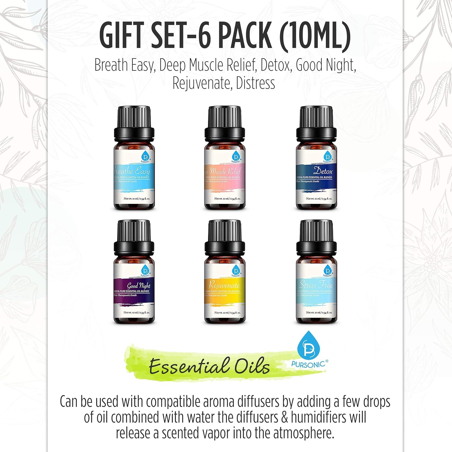 Buy Pursonic 100% Pure Essential Aromatherapy Oils Blends Gift Set-6 Pack , 10ML(Breath Easy ...