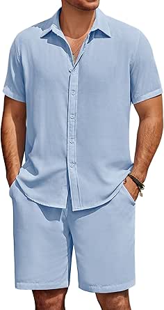 COOFANDY Mens Summer Beach 2 Piece Outfits Casual Vacation Cotton Linen Yoga Matching Set Short ...