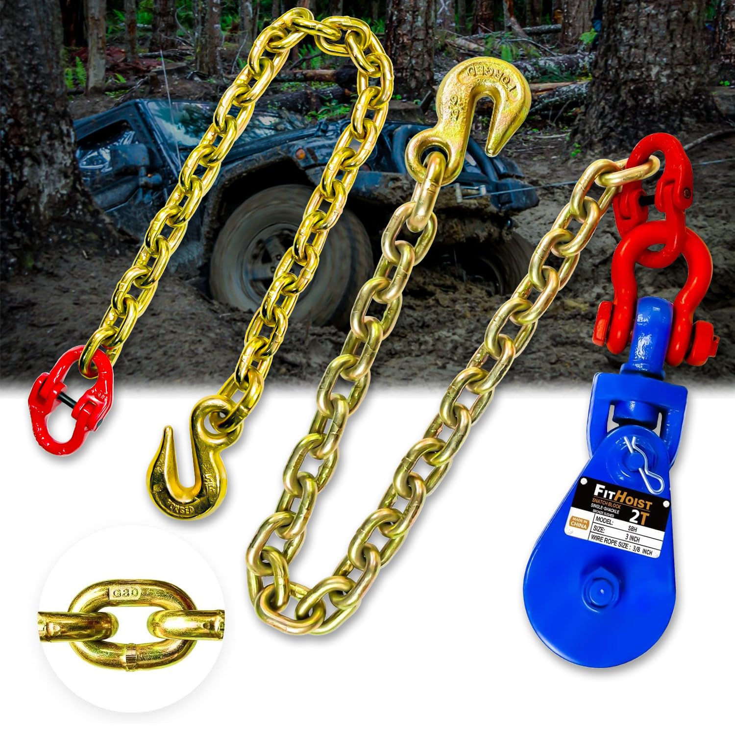 Snapklik.com : FITHOIST 2 Ton Snatch Block Kit W/ 4ft G80 Chain ...