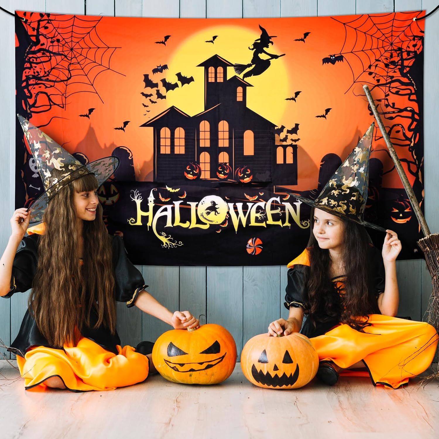Amazon.com : Shapenwin Halloween Photography Backdrops Flying Witch Bat ...