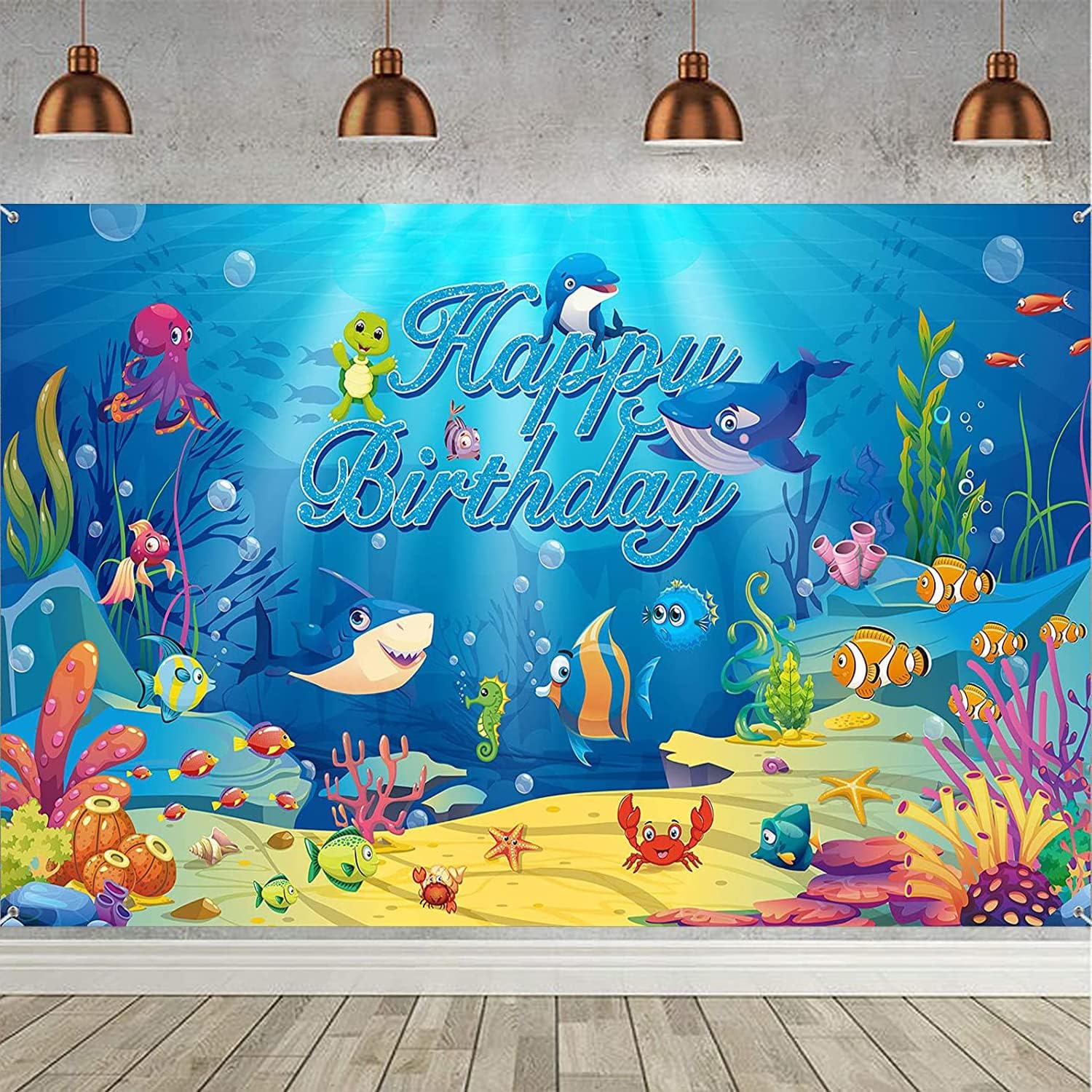 Amazon.com : Shark Theme Happy Birthday Backdrop Banner Under The Sea ...
