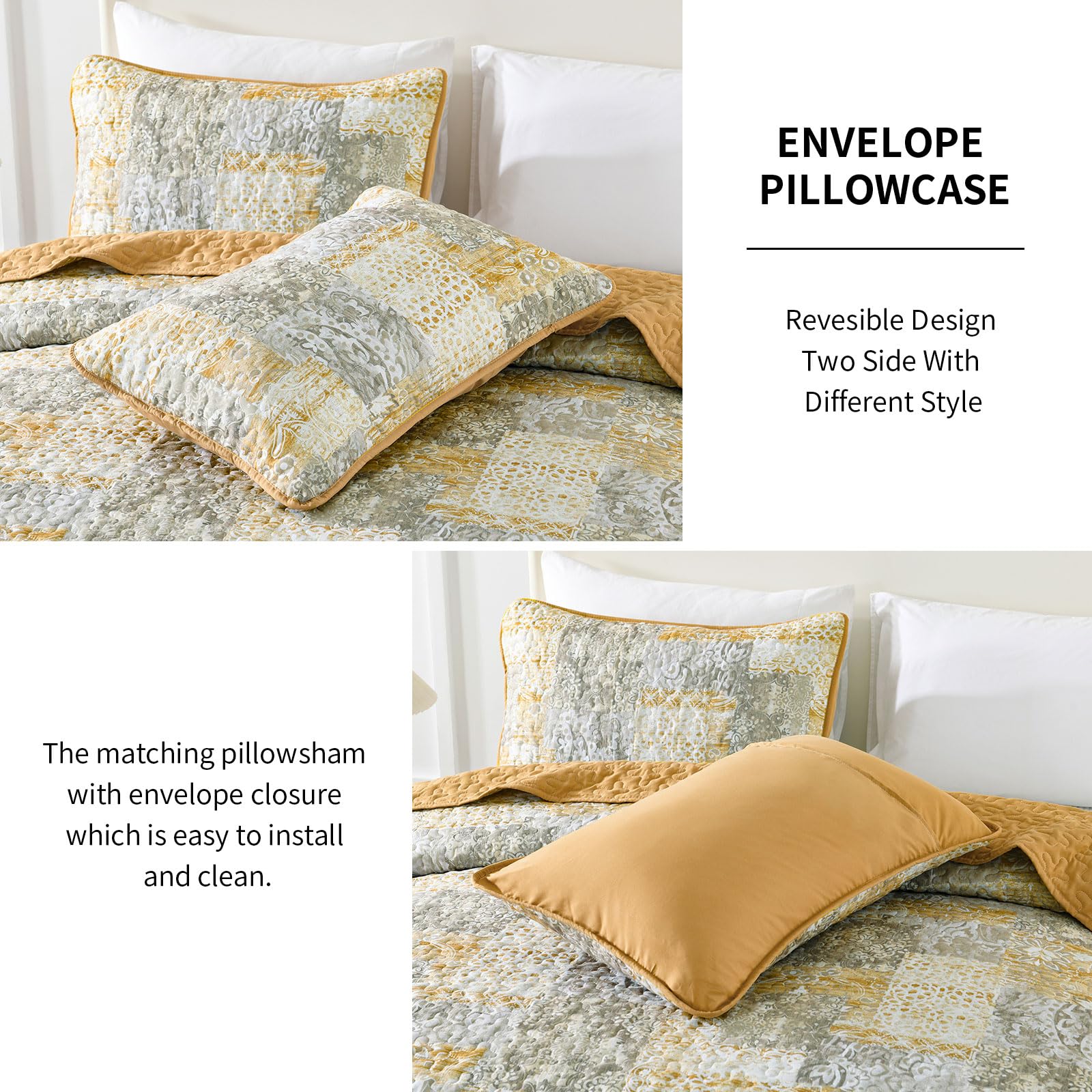 Yellow Boho Quilt Set Queen Size 3 Pieces Grey and Yellow Plaid Floral ...
