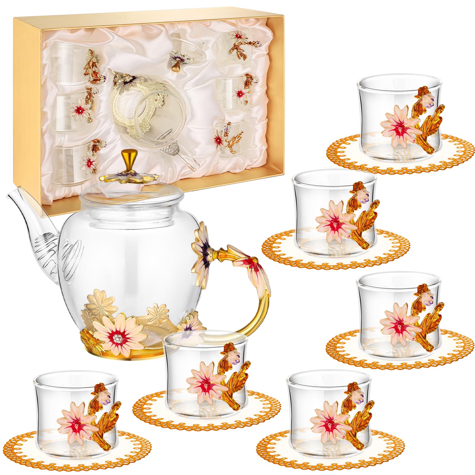 Amazon.com | PYQTH 7 Pcs Floral Glass Tea Set for Women, Vintage Flower ...