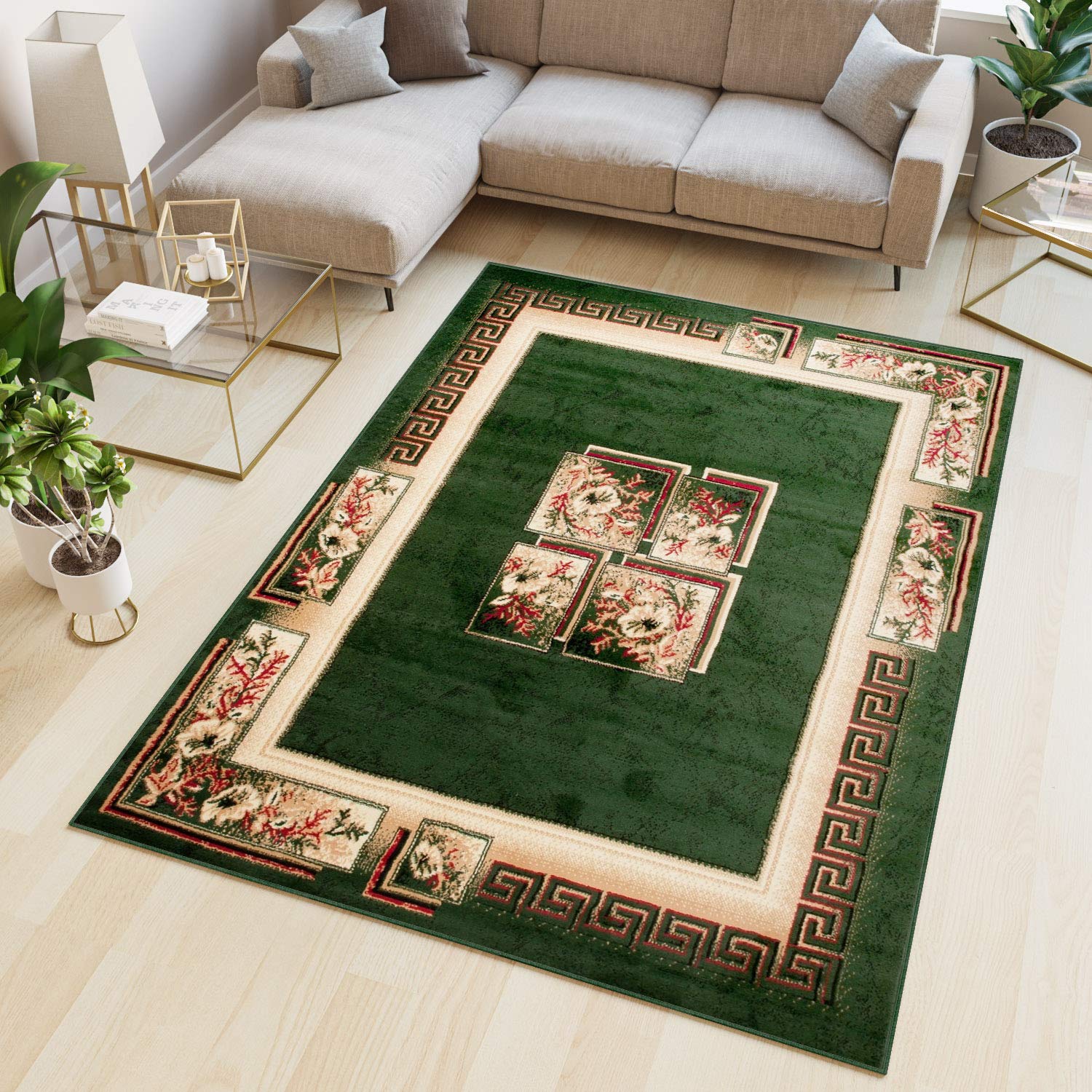 TAPISO Atlas Area Rug Green Beige Red Floral Frame Geometric Modern ...