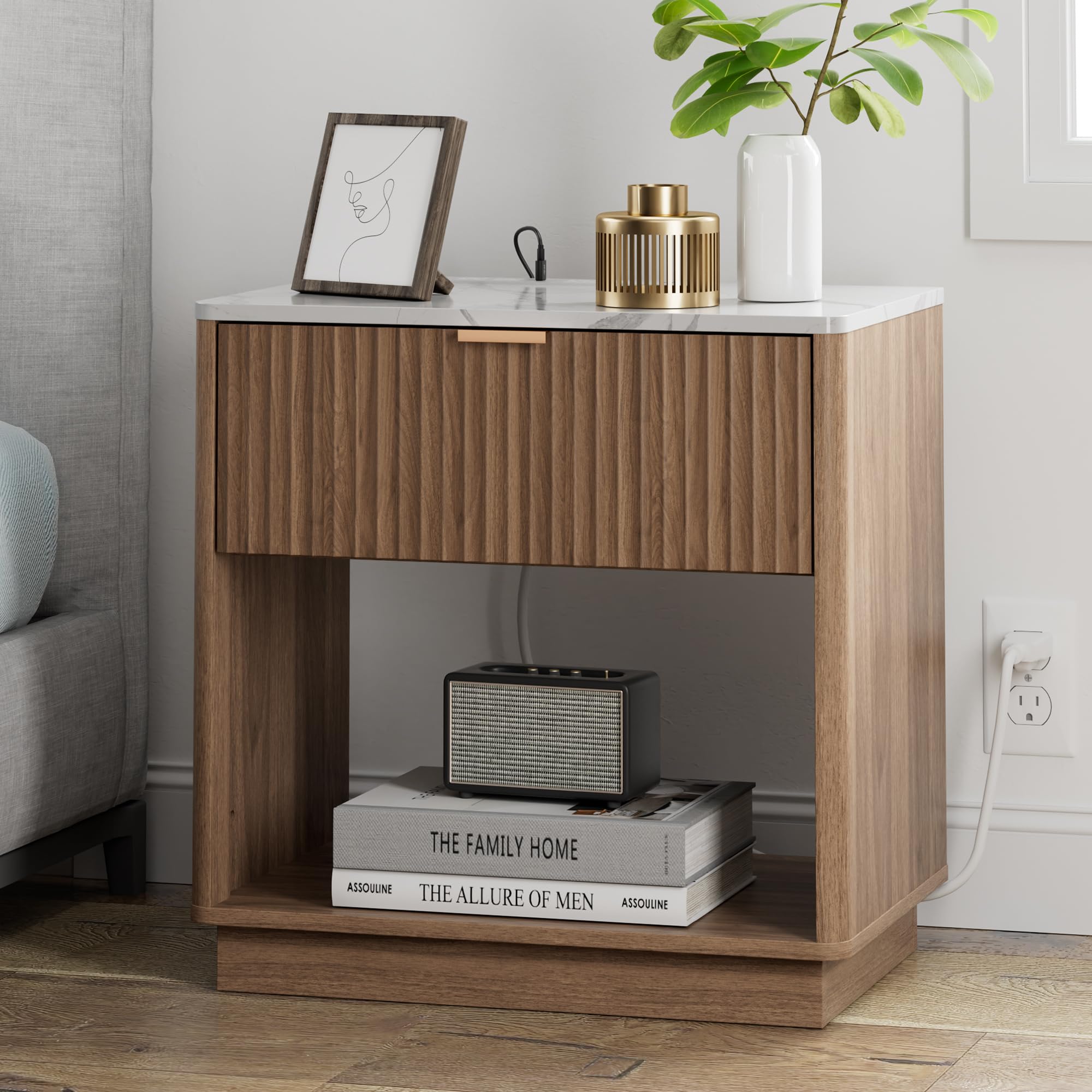Amazon.com: FavourLife Fluted Nightstand with Charging Station, 23 ...