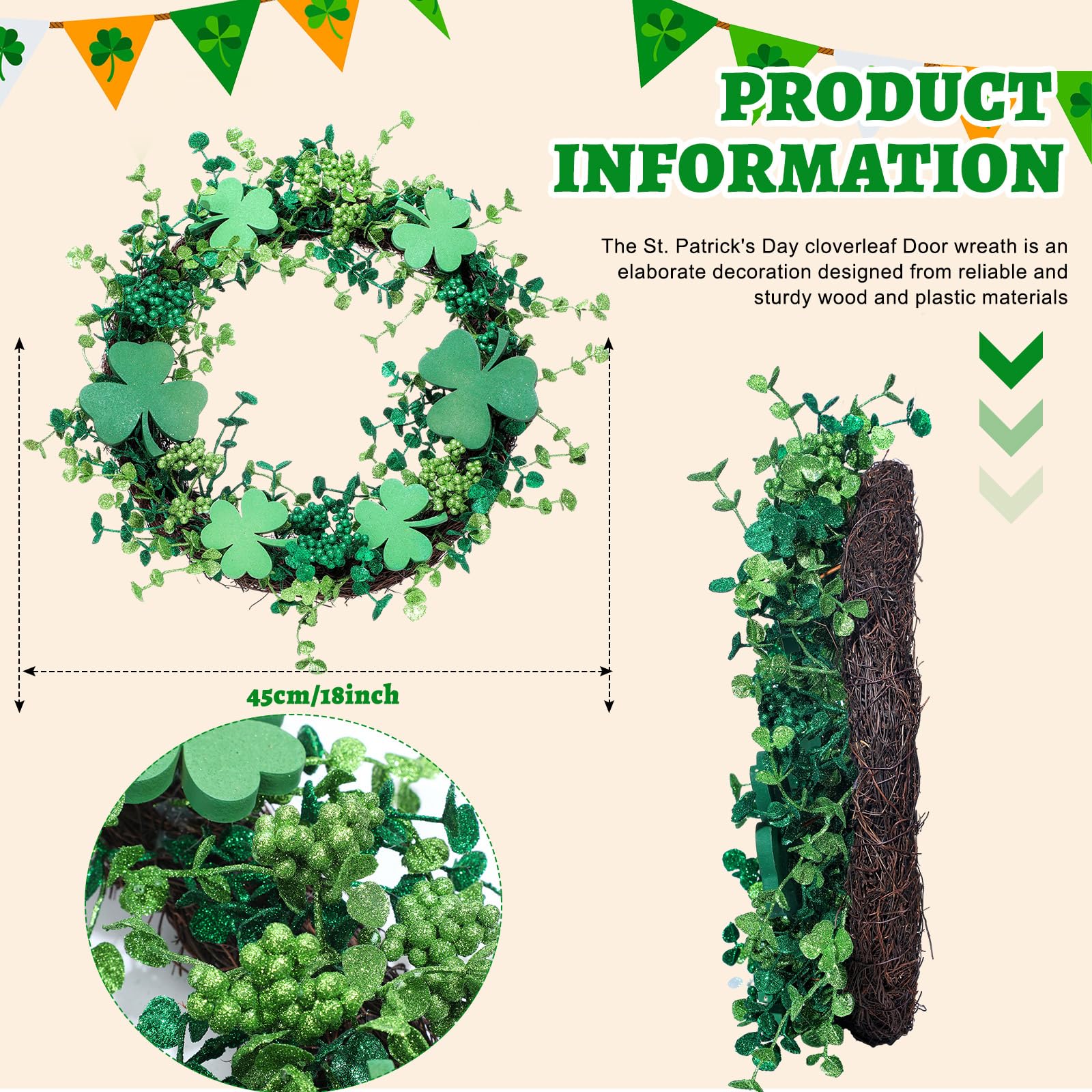 Hotop 18 Inch St Patrick's Day Front Door Shamrock Wreath Lucky ...