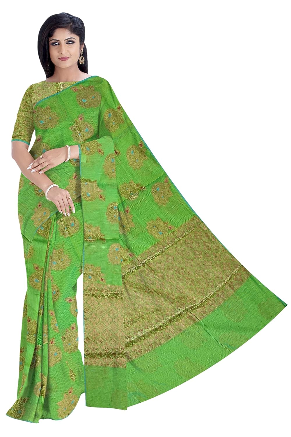 Buy Leaf green borderless cotton silk sarees with buttas at Amazon.in