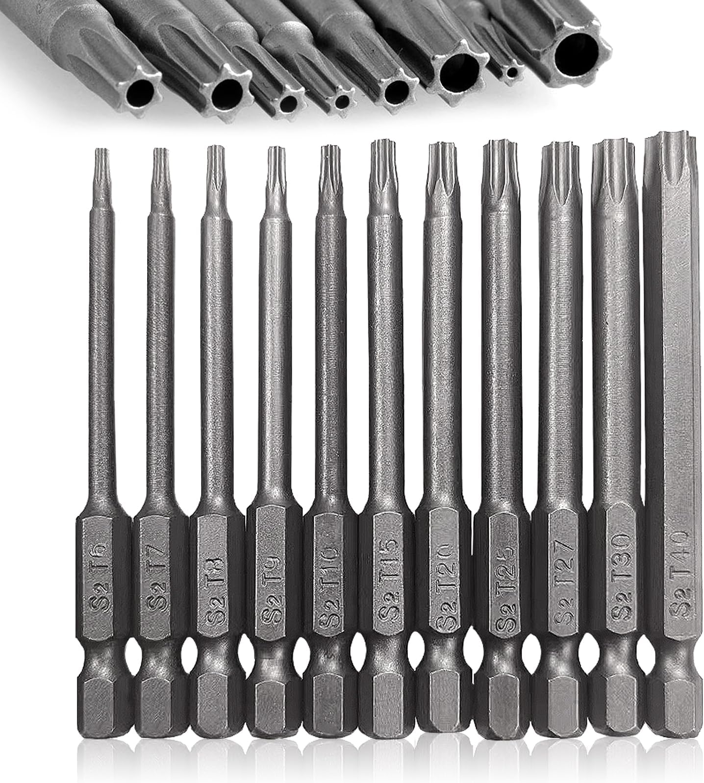 75mm Torx Screwdriver Bit Sets, T6-T40 Magnetic Screwdriver Bits Set S2 Steel 1/4" Star Hex ...