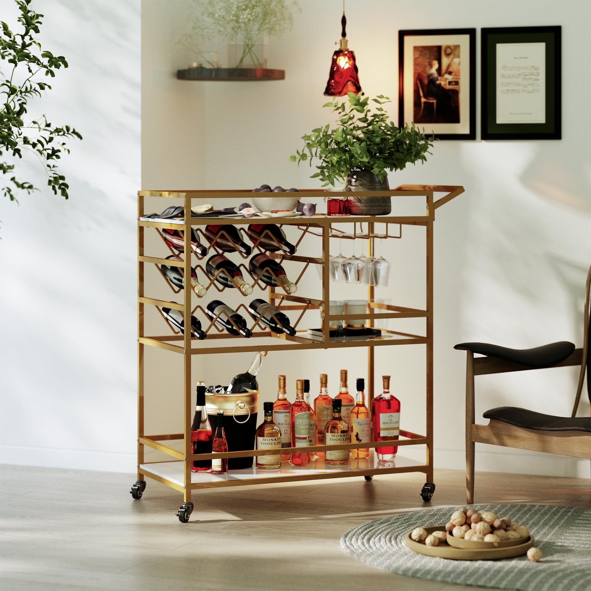 2 Tier Bar Cart with Wheels, Chrome Drinks Trolley with Metal Frame and ...