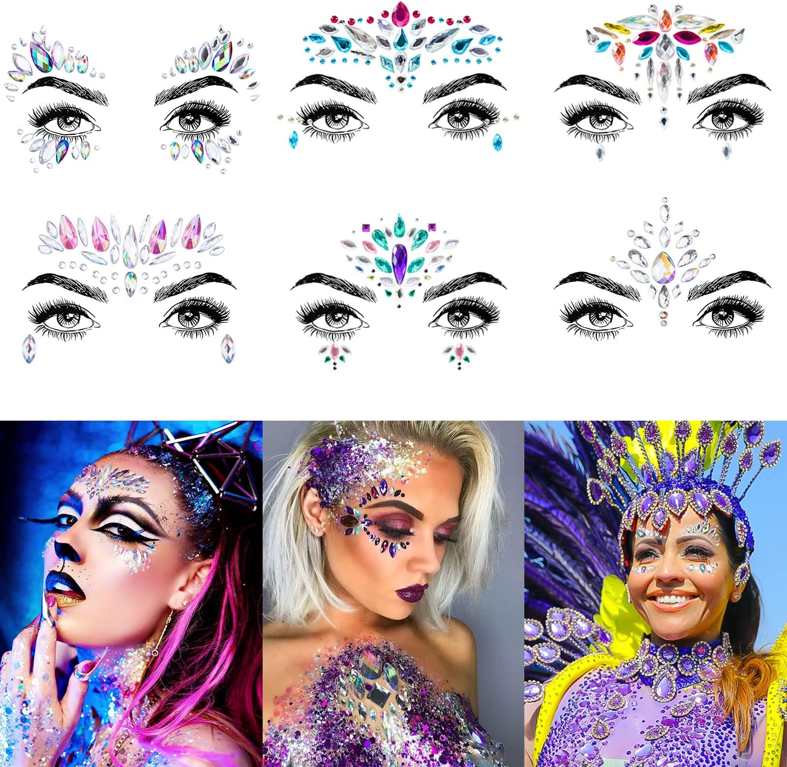 Amazon.com : Lusy DM 12 Sets Face Gems Mermaid Face Jewels Rhinestone ...