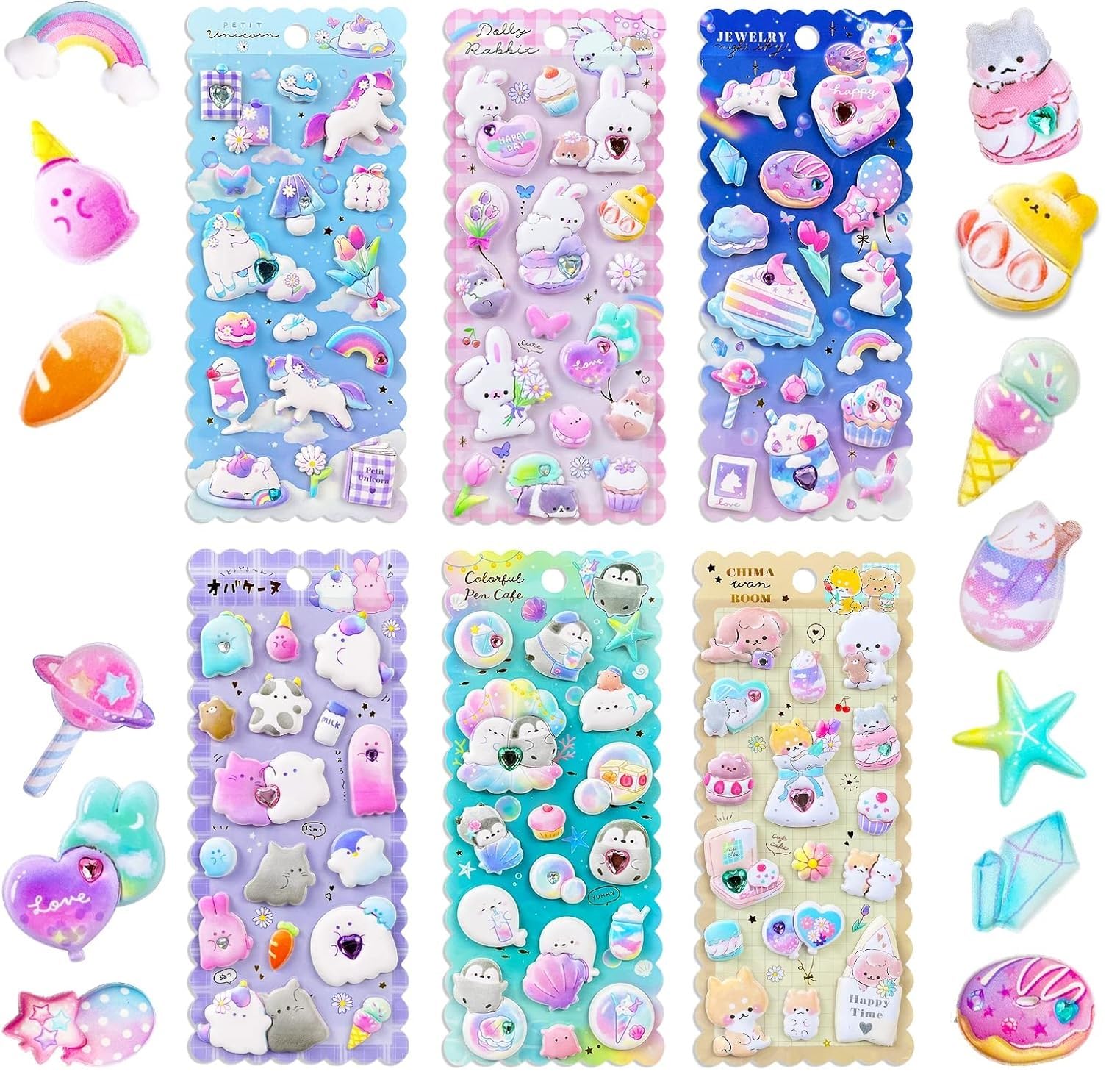 FunBlast Kawaii Stickers Set – 6 Sheets, 90+ Pcs Puffy Stickers for ...