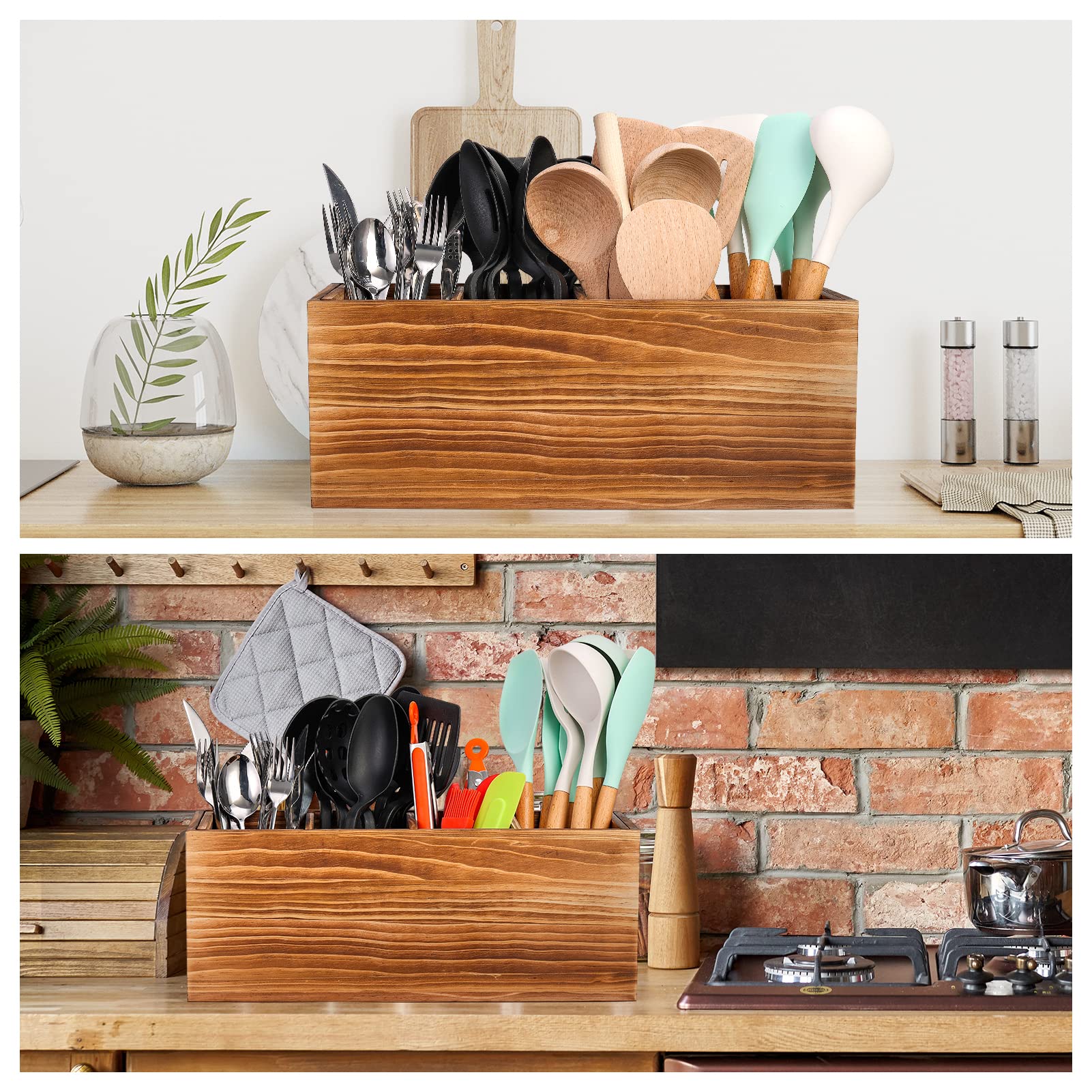 Yumkfoi Extra Large Utensil Holder, 4 Sections Wooden Utensil Organizer ...