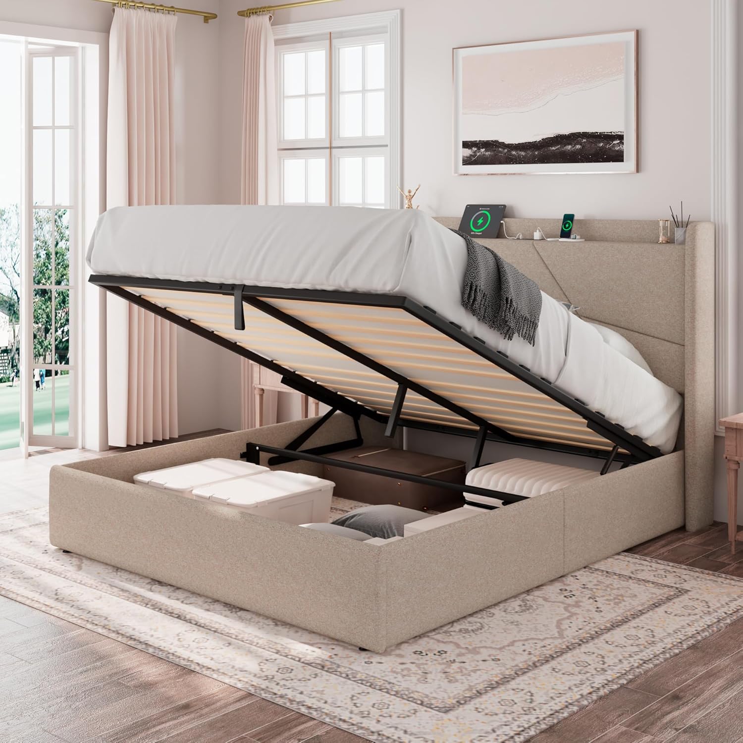 Amazon.com: Einhomn Full Size Lift Up Bed Frame with Charging Station ...