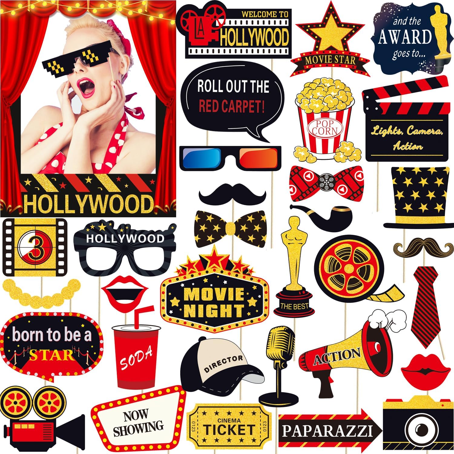 Amazon.com: 25Pcs Photo Booth Props Kit, Movie Night Party Supplies ...