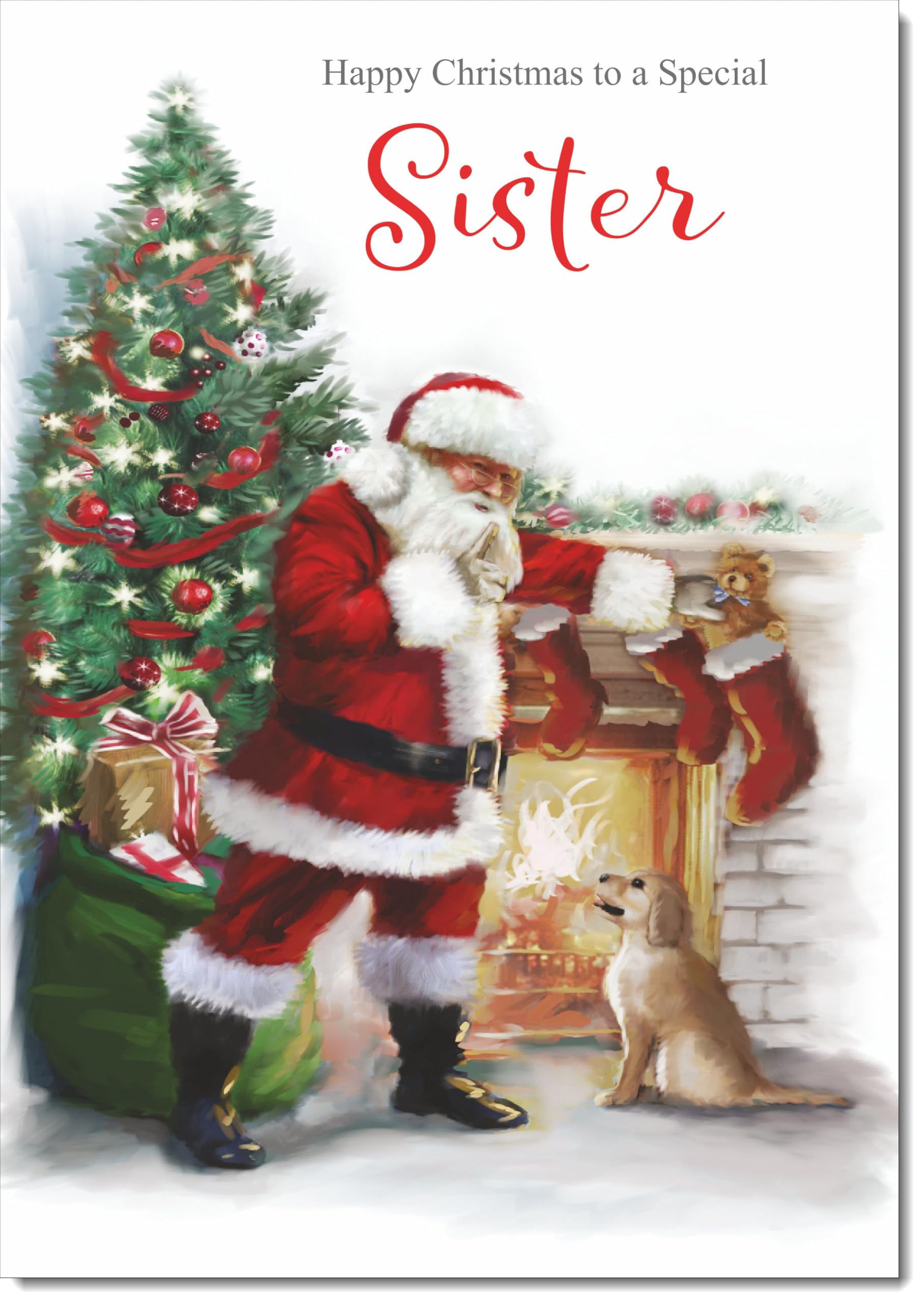 doodlecards Sister Christmas Card Santa by Christmas Tree Medium Size ...