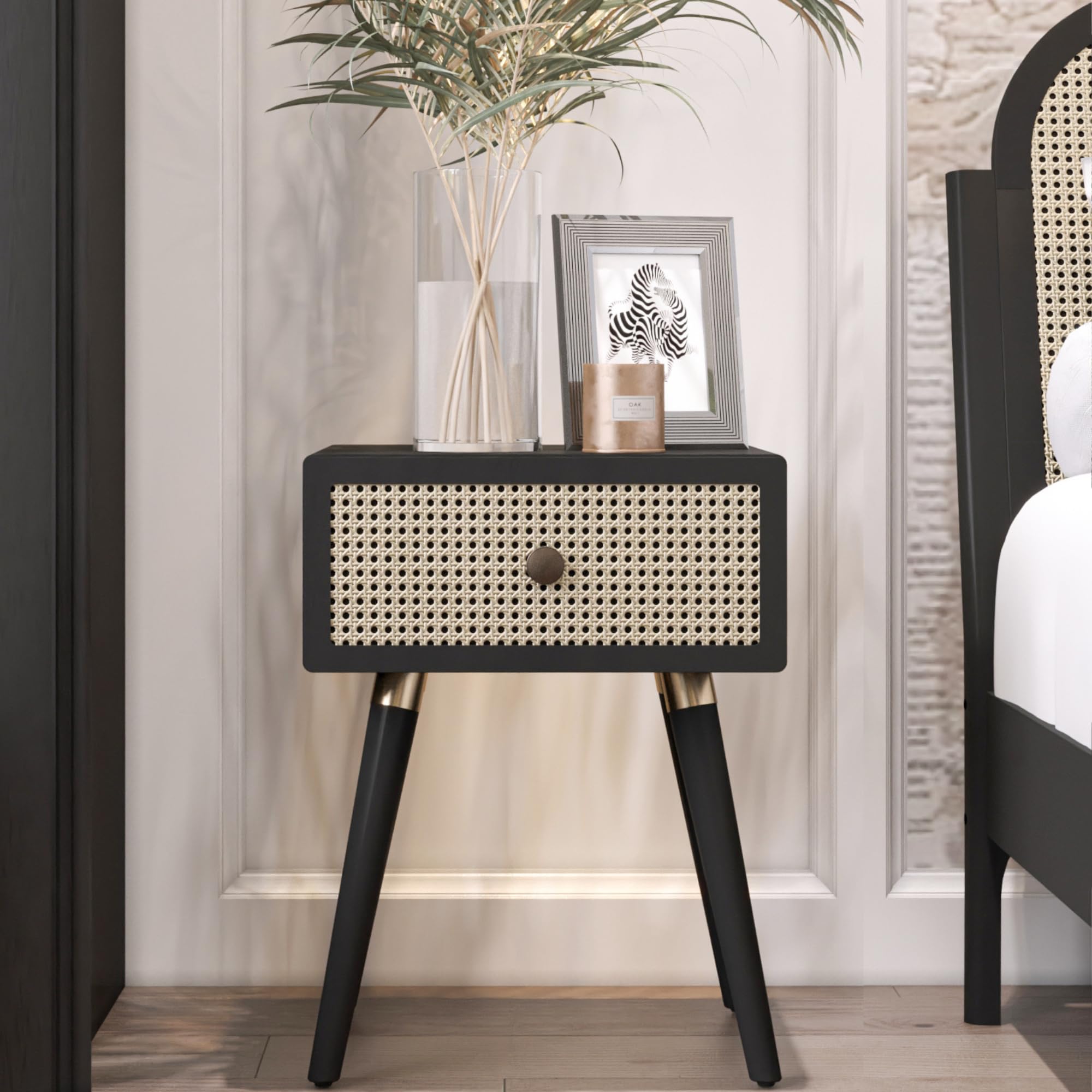 Snapklik.com : Bme Nipe Black Solid Wood Rattan Nightstand Fully ...