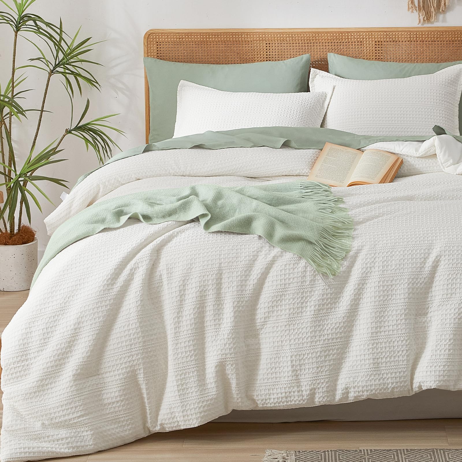 Amazon.com: PHF 3 Pieces Cream Waffle Weave Comforter Set King Size ...