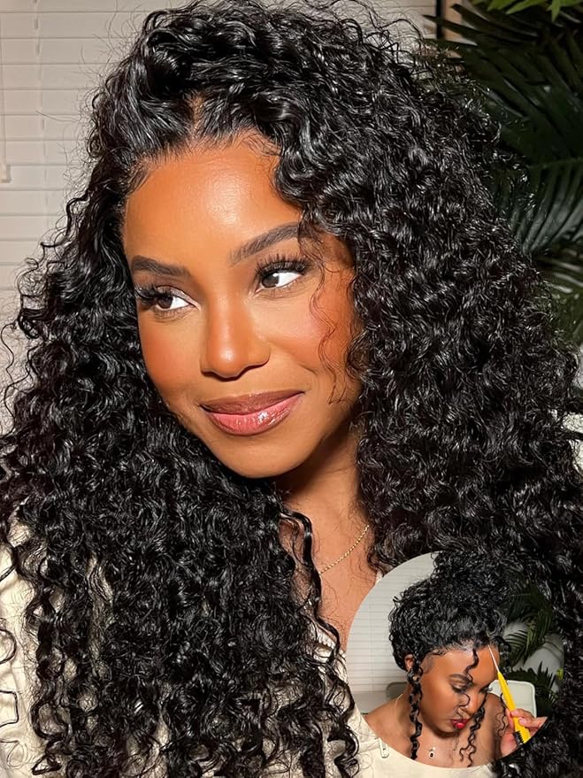 Amazon.com : Sunber Curly Human Hair Lace Front Wig Put and Go Glueless ...