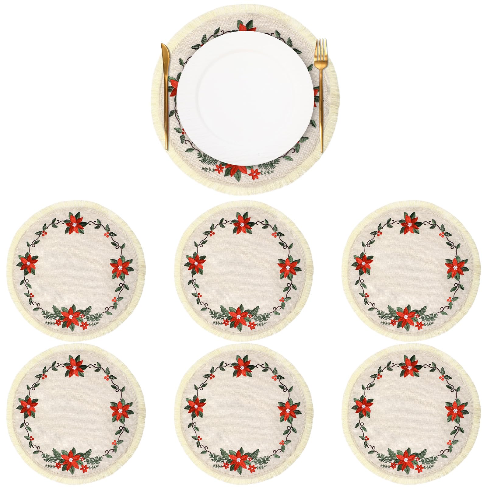 Amazon.com: Fanfanwin 6 Set Round Christmas Placemats Embroidered ...