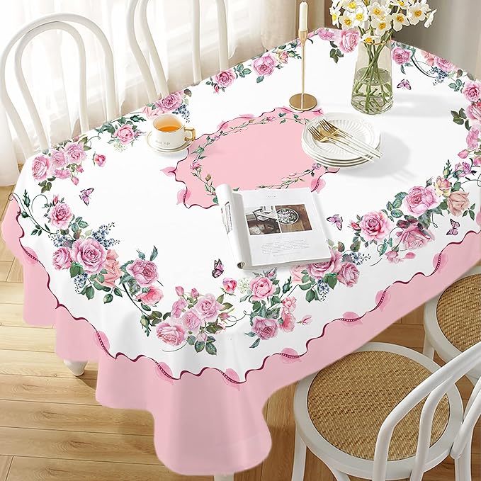 Amazon.com: Yighty Oval Rose Floral Tablecloth 60x84inch, Pink ...