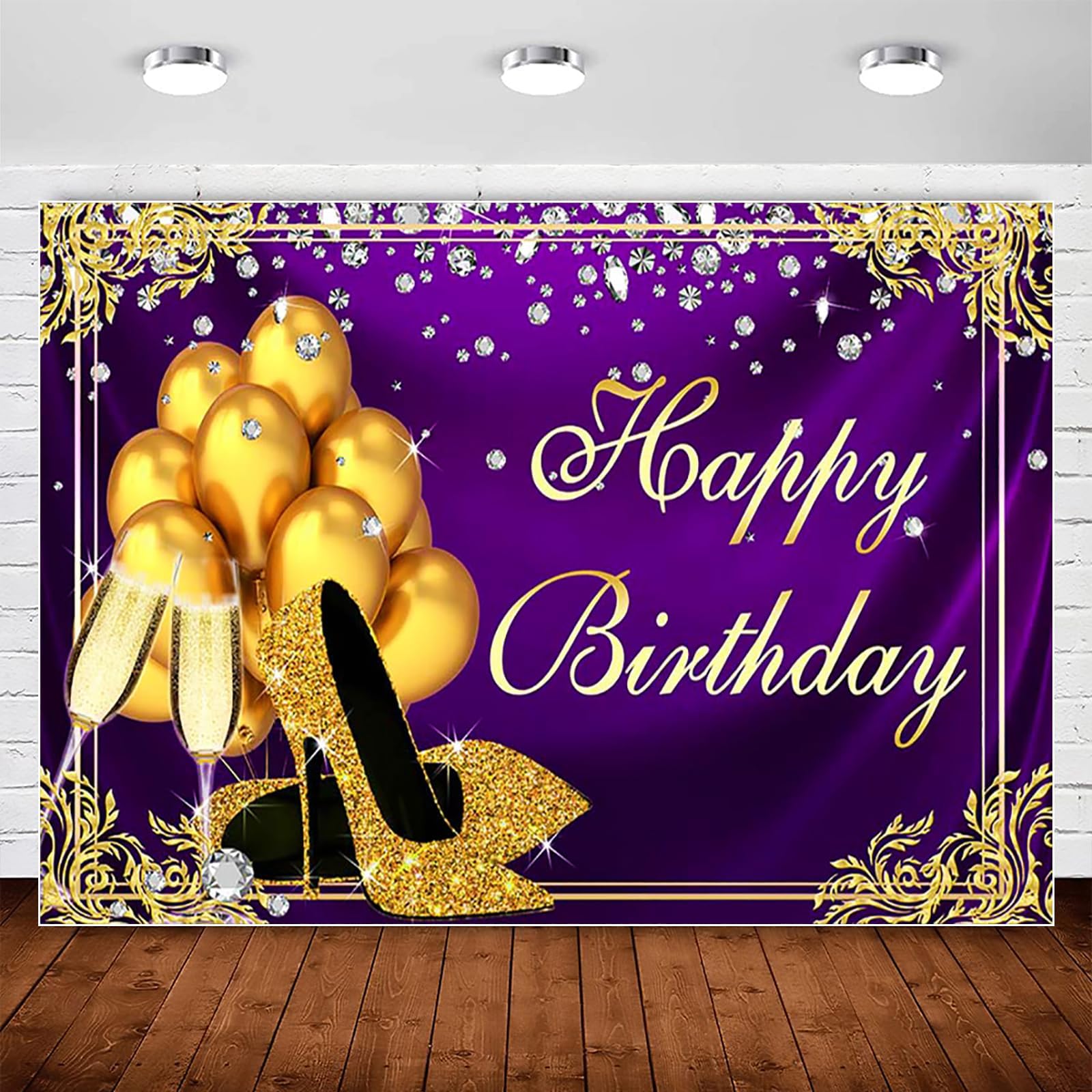Amazon.com : InMemory Happy Birthday Backdrop Purple and Gold Balloon ...