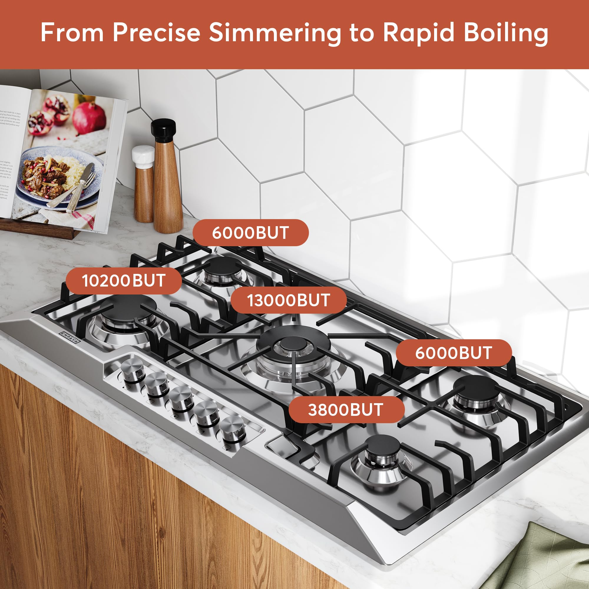 Snapklik.com : 36 Inch Gas Cooktop,5 SABAF Sealed Burners Made In Italy ...