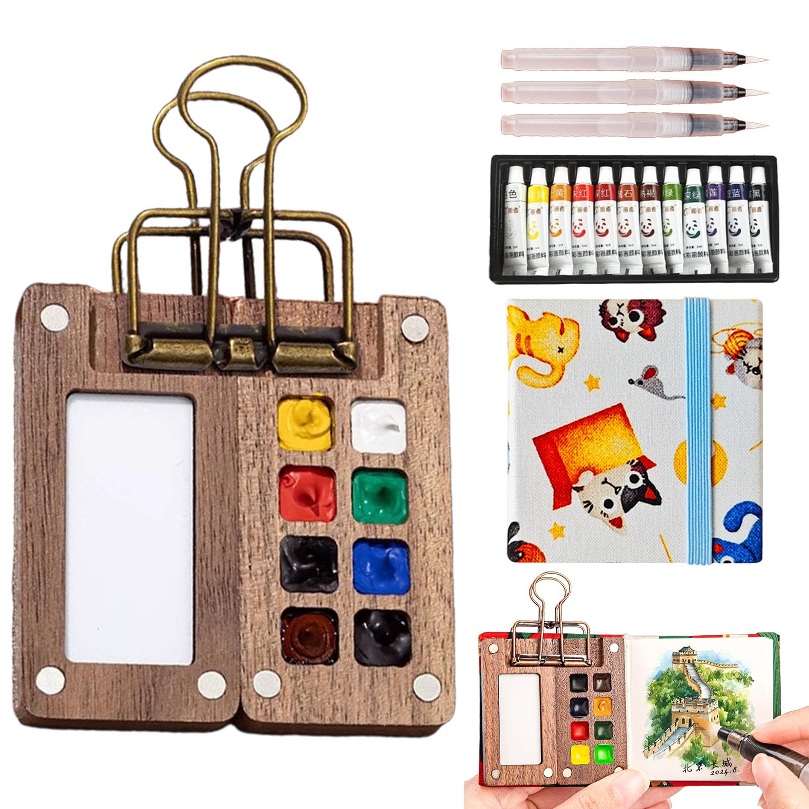 Pocket Artist Watercolour Travel Set, Mini Paint Set, Walnut Wood ...