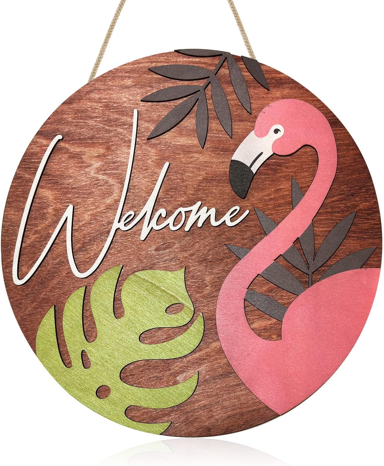 Amazon.com : Palm Leaves with Pink Flamingo, Welcome Sign Summer Plaque ...