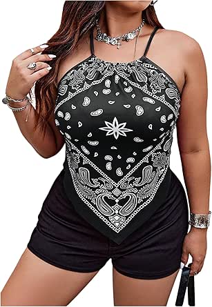 OYOANGLE Women's Plus Size Paisley Boho Halter Camisole Criss Cross ...