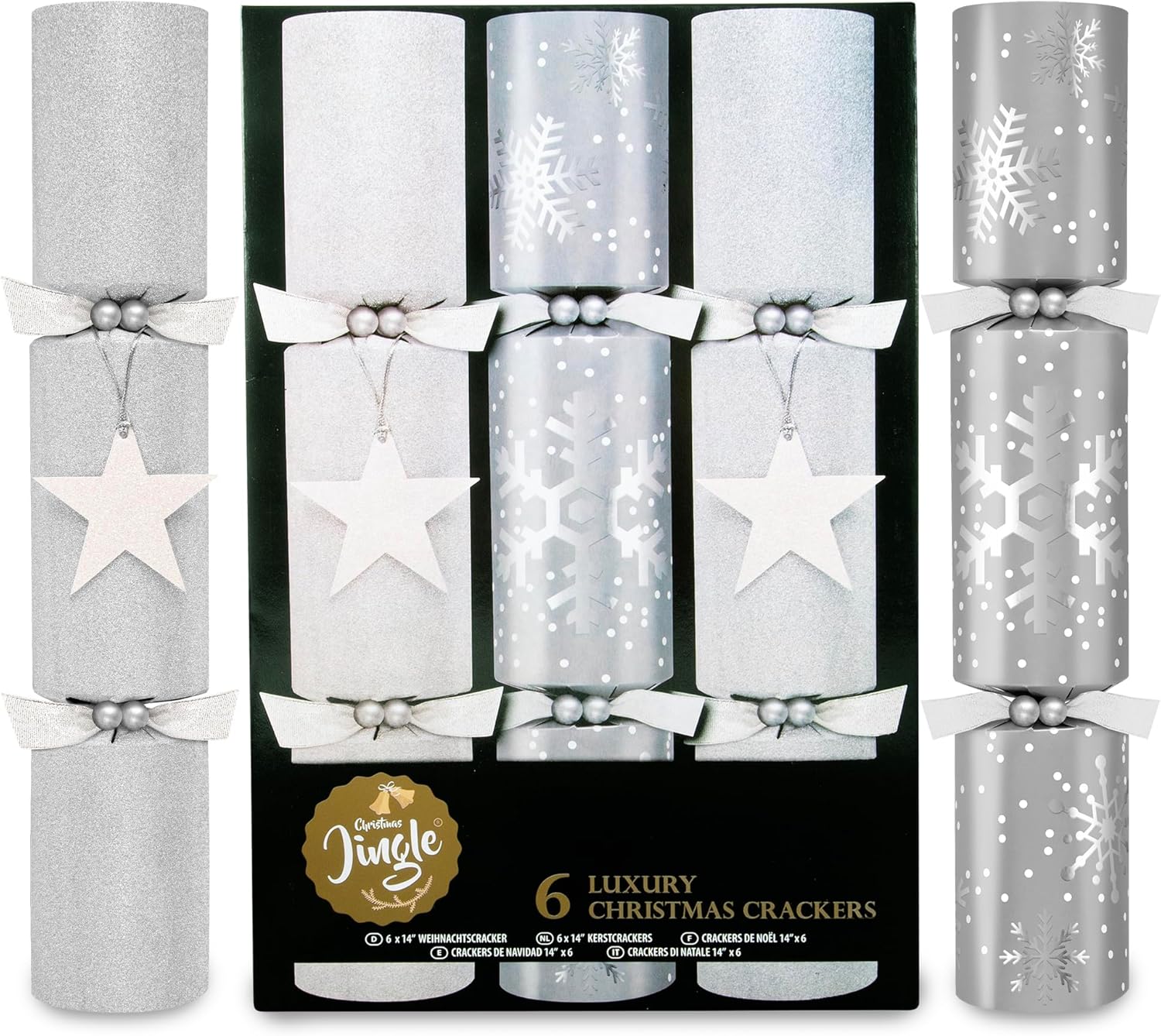 6 Luxury Christmas Crackers - 6 Silver 14" Crackers with Party Hat ...