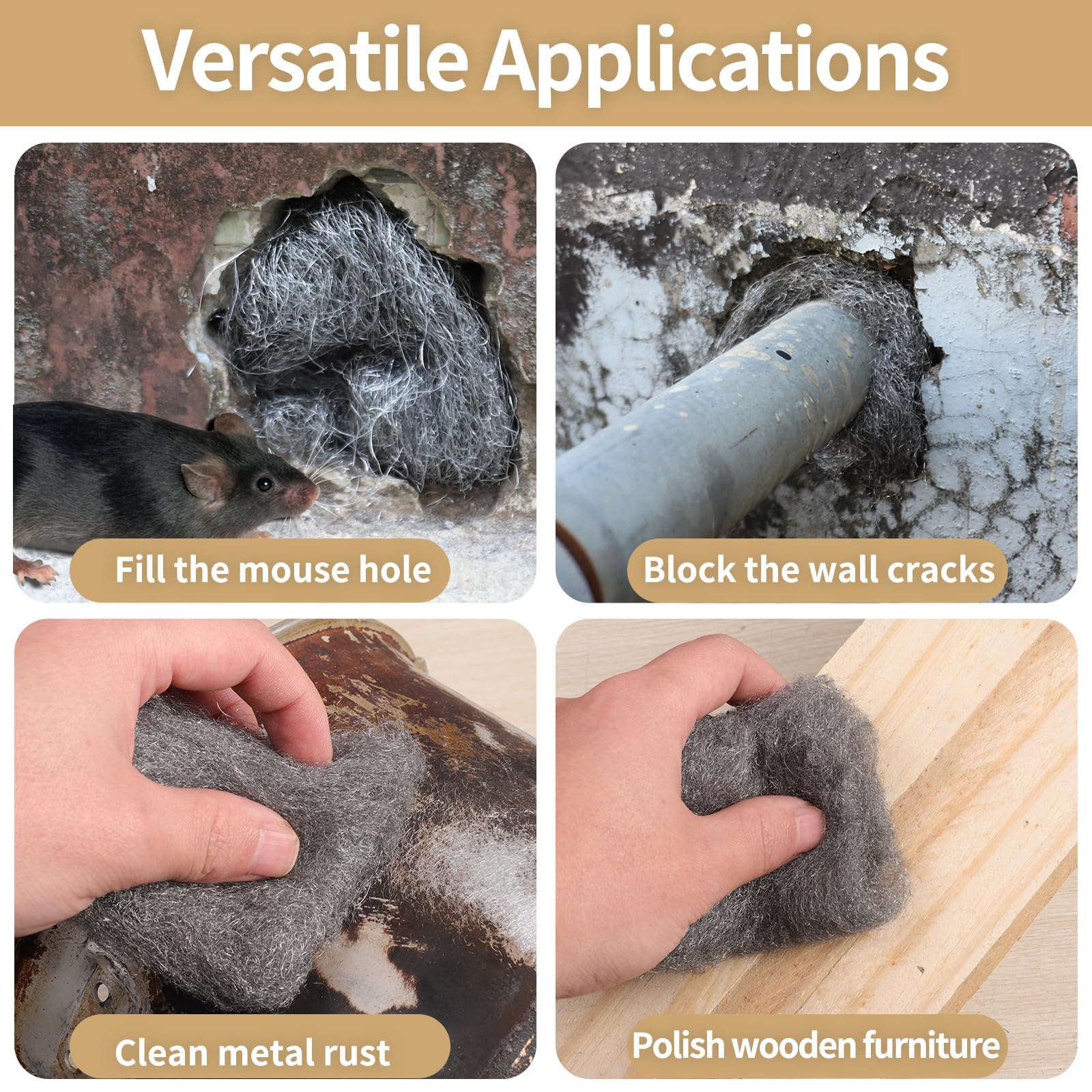 Snapklik.com : Steel Wool Mice Control, 4 Pack Of 3.1" X13 Ft #2 Steel ...