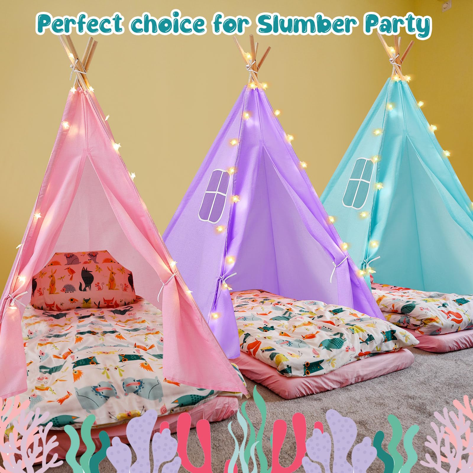 3 Set Teepee Tents for Kids 6ft Cotton Canvas Play Tents with LED ...