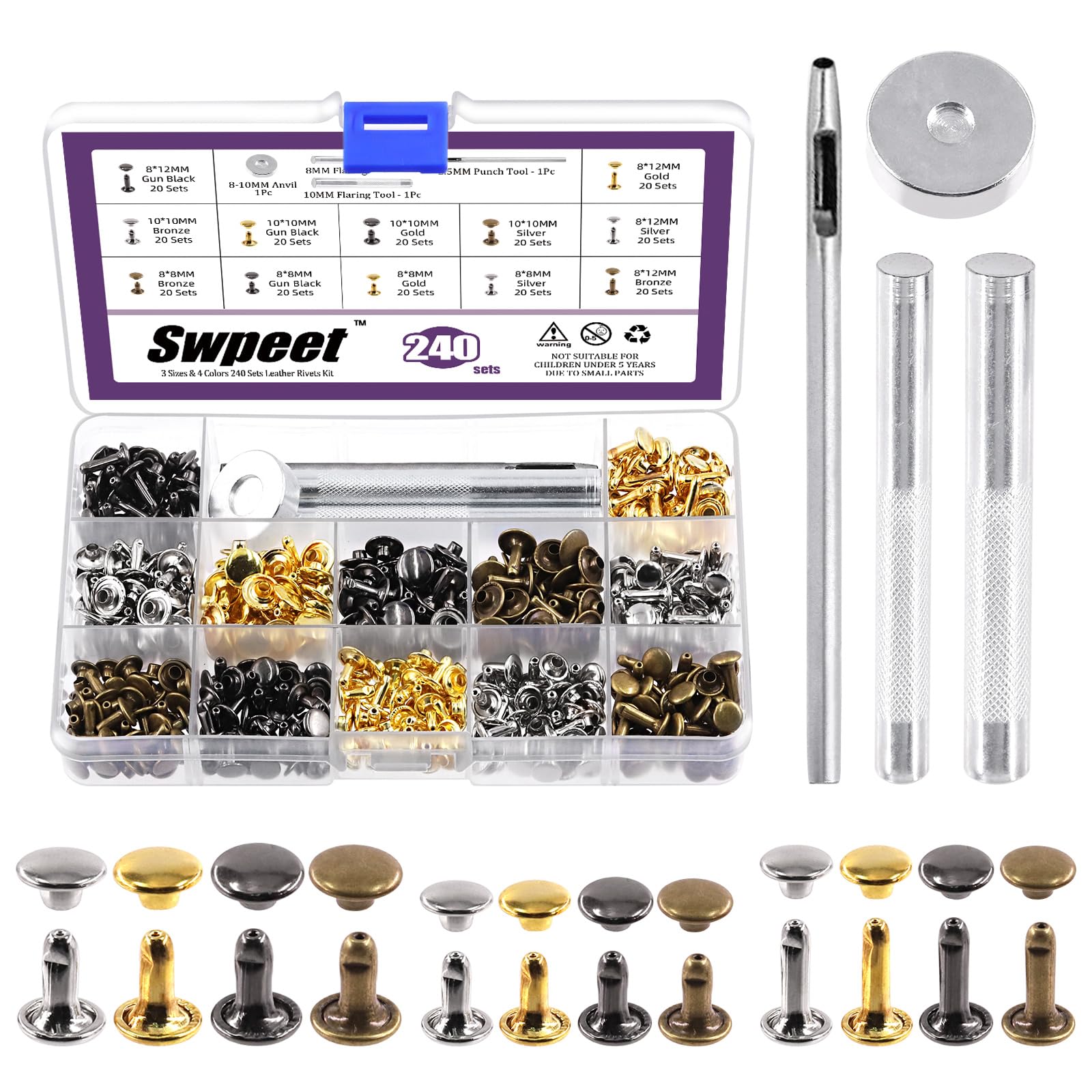 Amazon.com: Swpeet 240 Sets 4 Colors 8mm 10mm 12mm Leather Rivets ...
