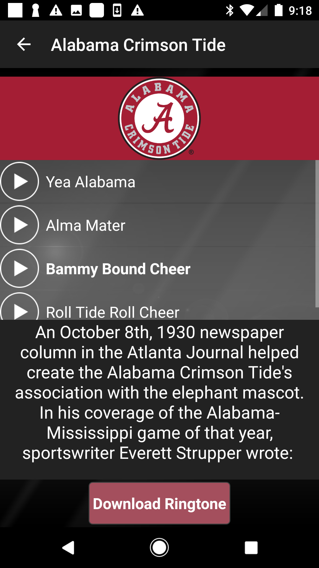 ALABAMA CRIMSON TIDE FIGHT SONGS - 4 OFFICIAL SONGS & RINGTONES - App ...